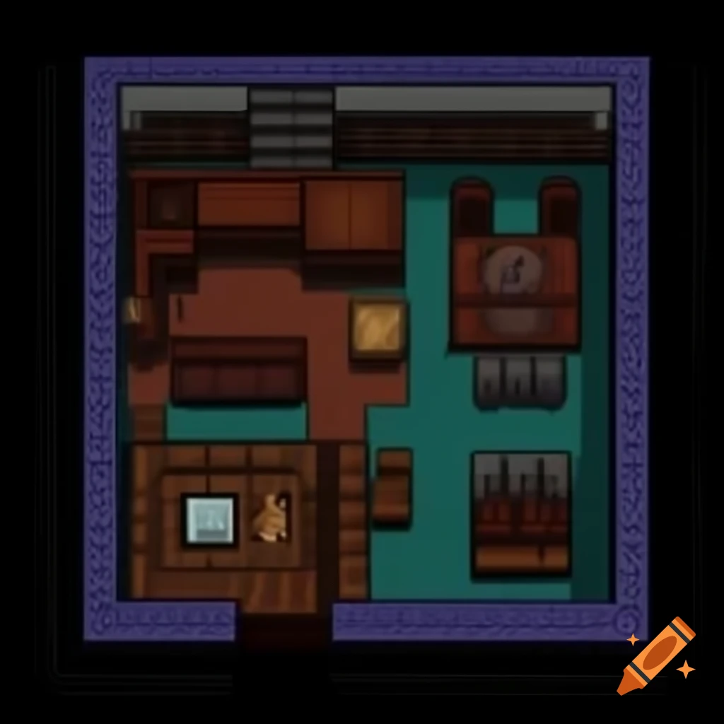 Interior design concepts for RPG game in pixel art style featuring ...