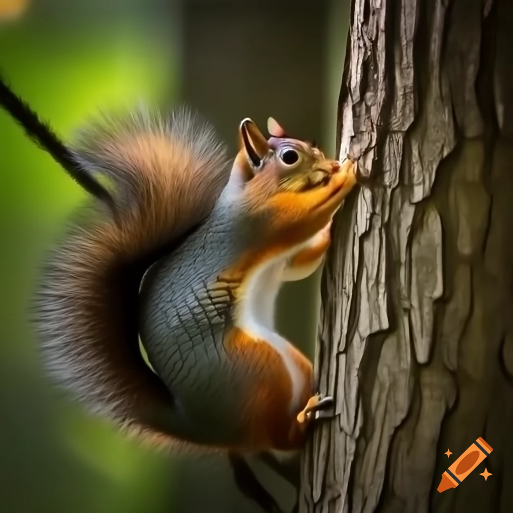 Squirrel looking up at tall tree in forest with rustling leaves on Craiyon