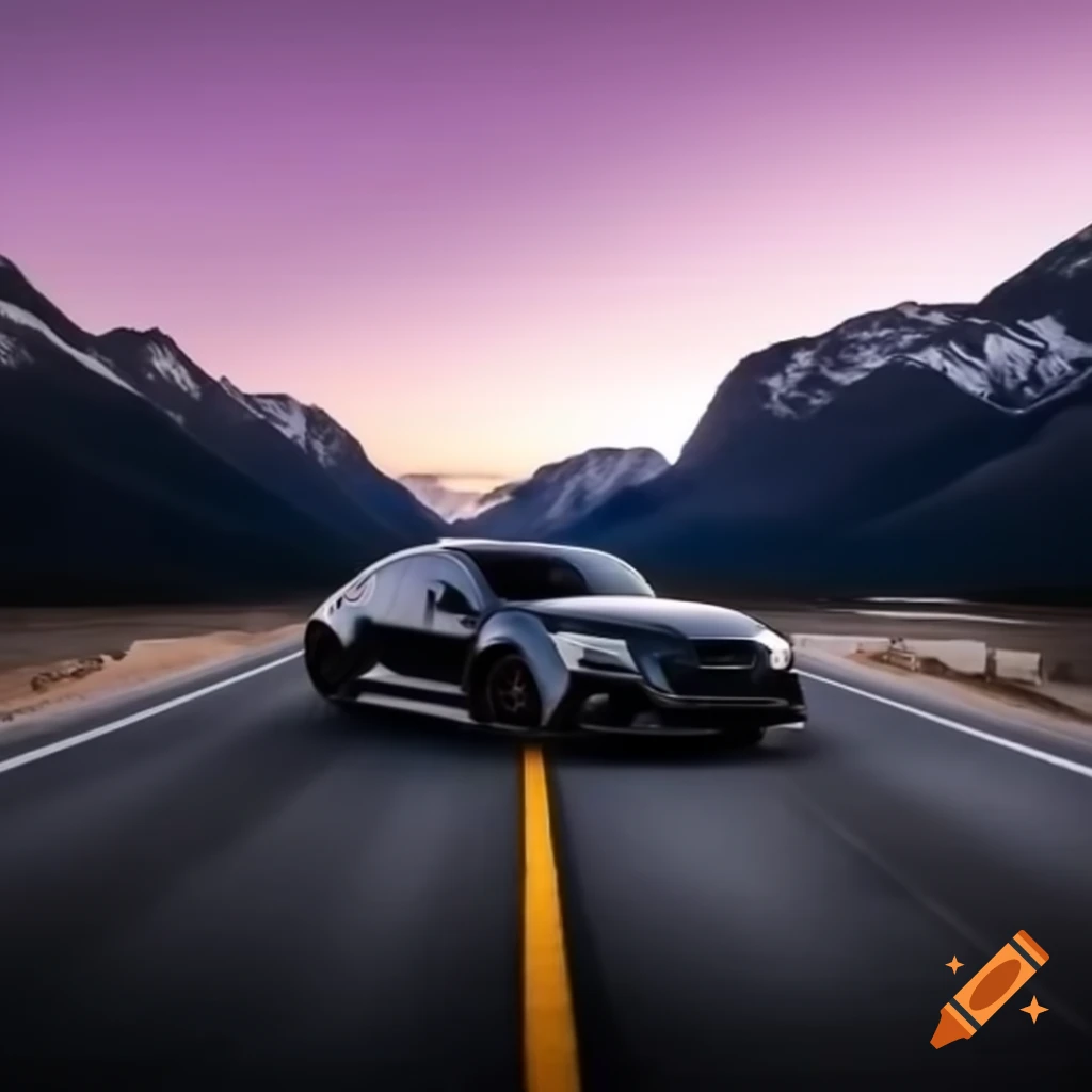Black Audi RS6 on empty country road with mountains and purple sunset ...