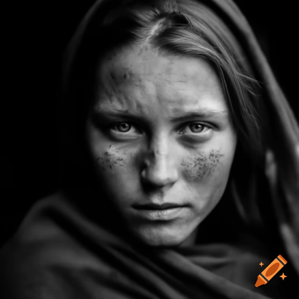 Black and white portrait of a young woman with Slavic traits and a ...