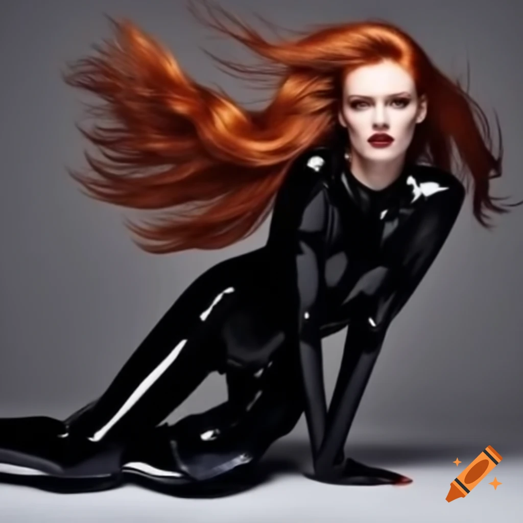 Red-haired supermodel in latex bodysuit with matching accessories in studio setting on Craiyon