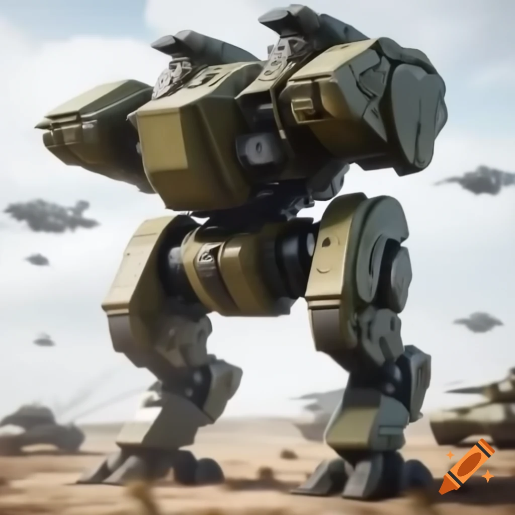 Heavily armored bipedal battle mech with military-inspired design on ...