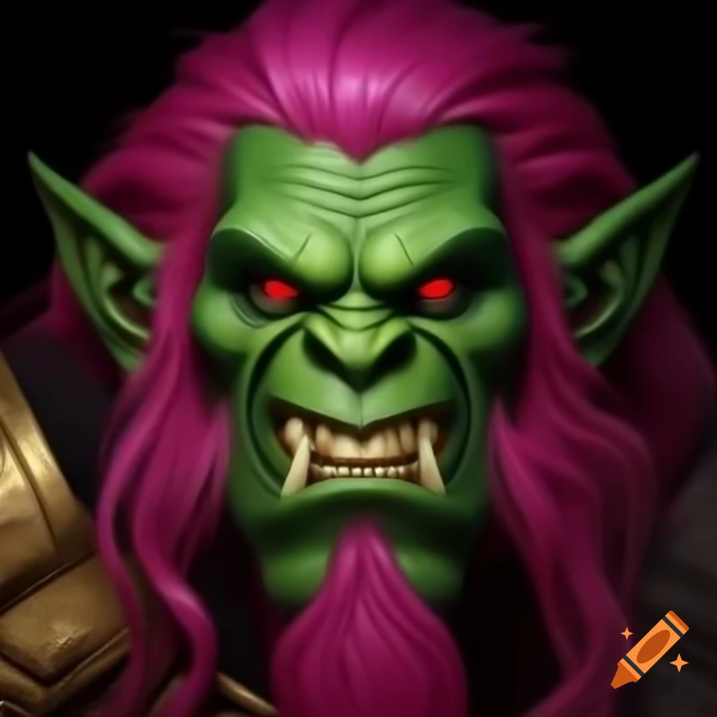 Half-orc male wizard with red eyes, green skin, and pink hair featuring ...