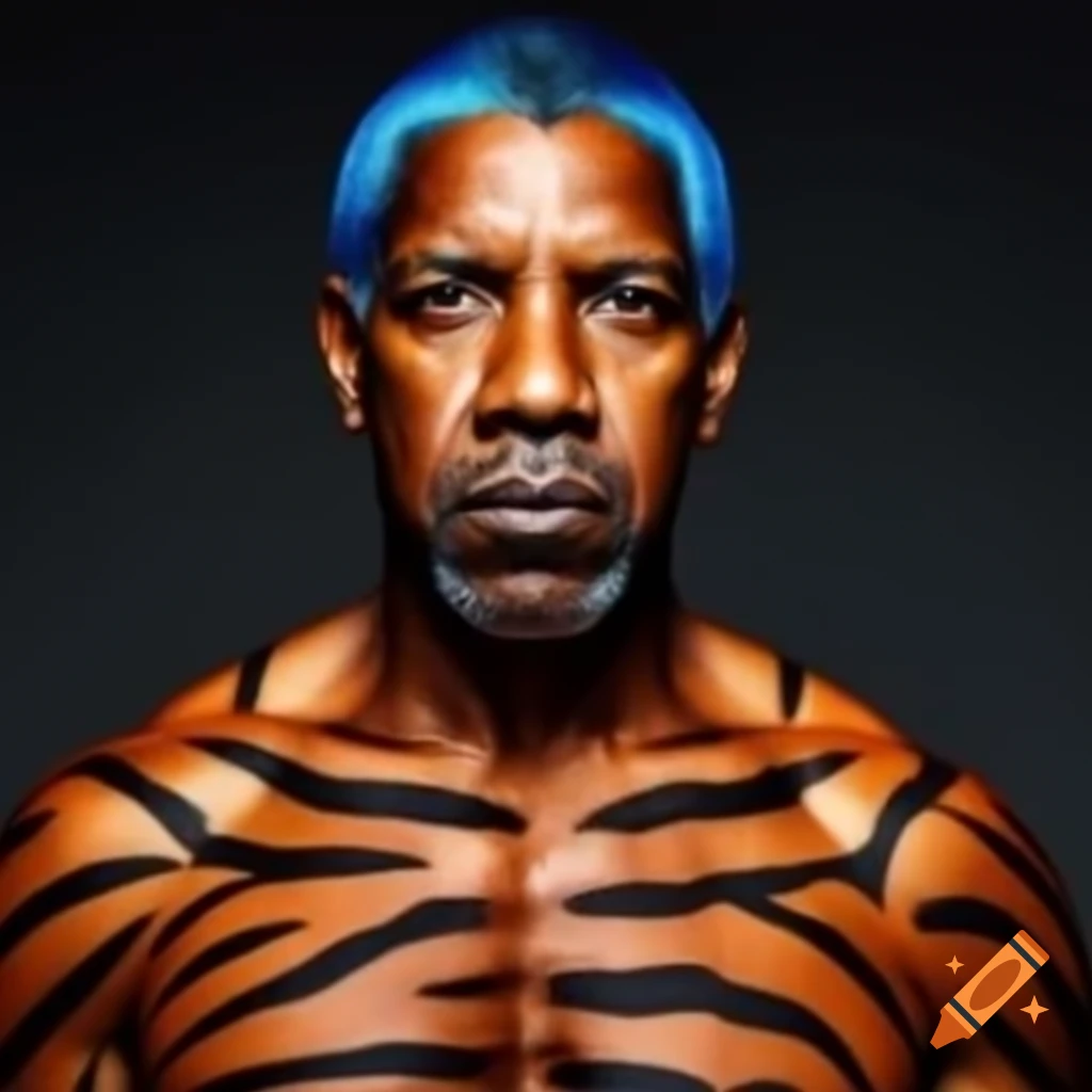Muscular man with tiger-style makeup featuring blue hair and orange ...