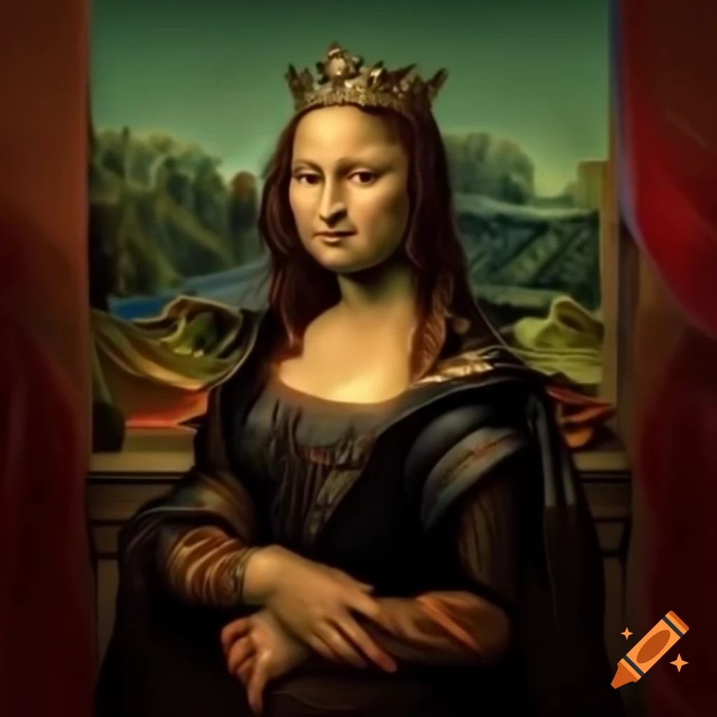 Mona Lisa reimagined as a queen with crown, castle, and throne on Craiyon