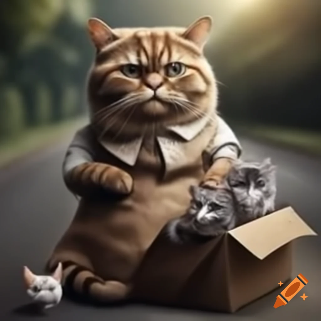 Human-figured beggar cat cradling kitten on footpath next to road on ...