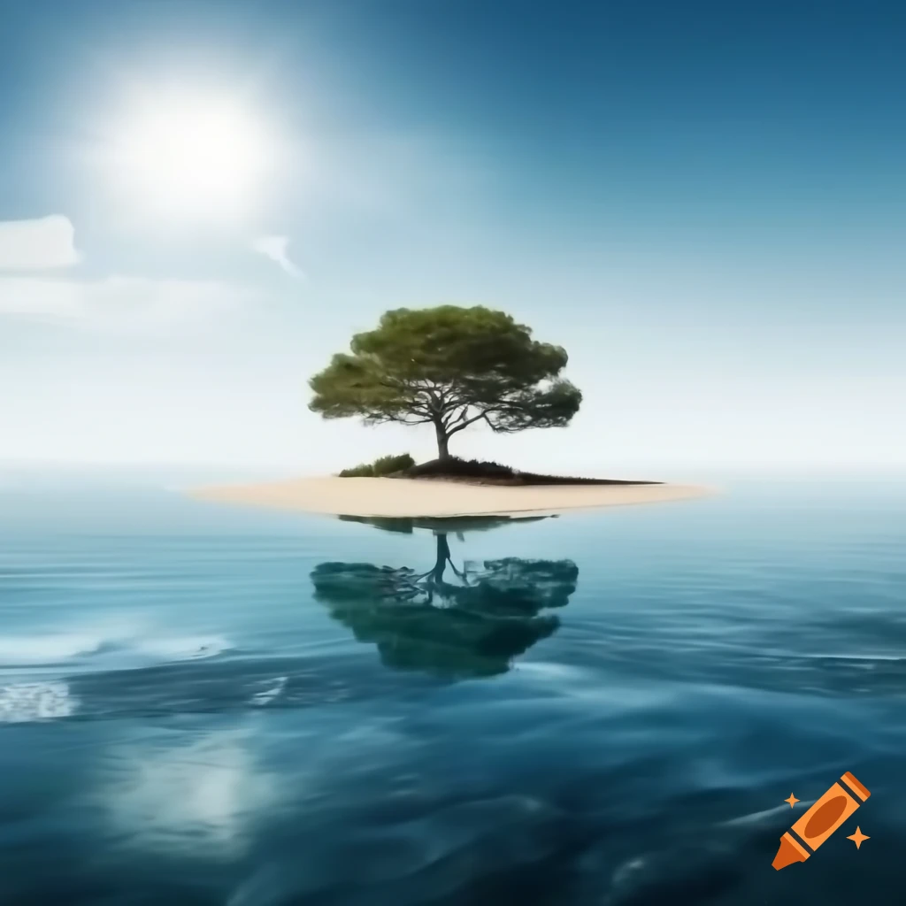 Small island with white sand and floating pine tree under raincloud and ...