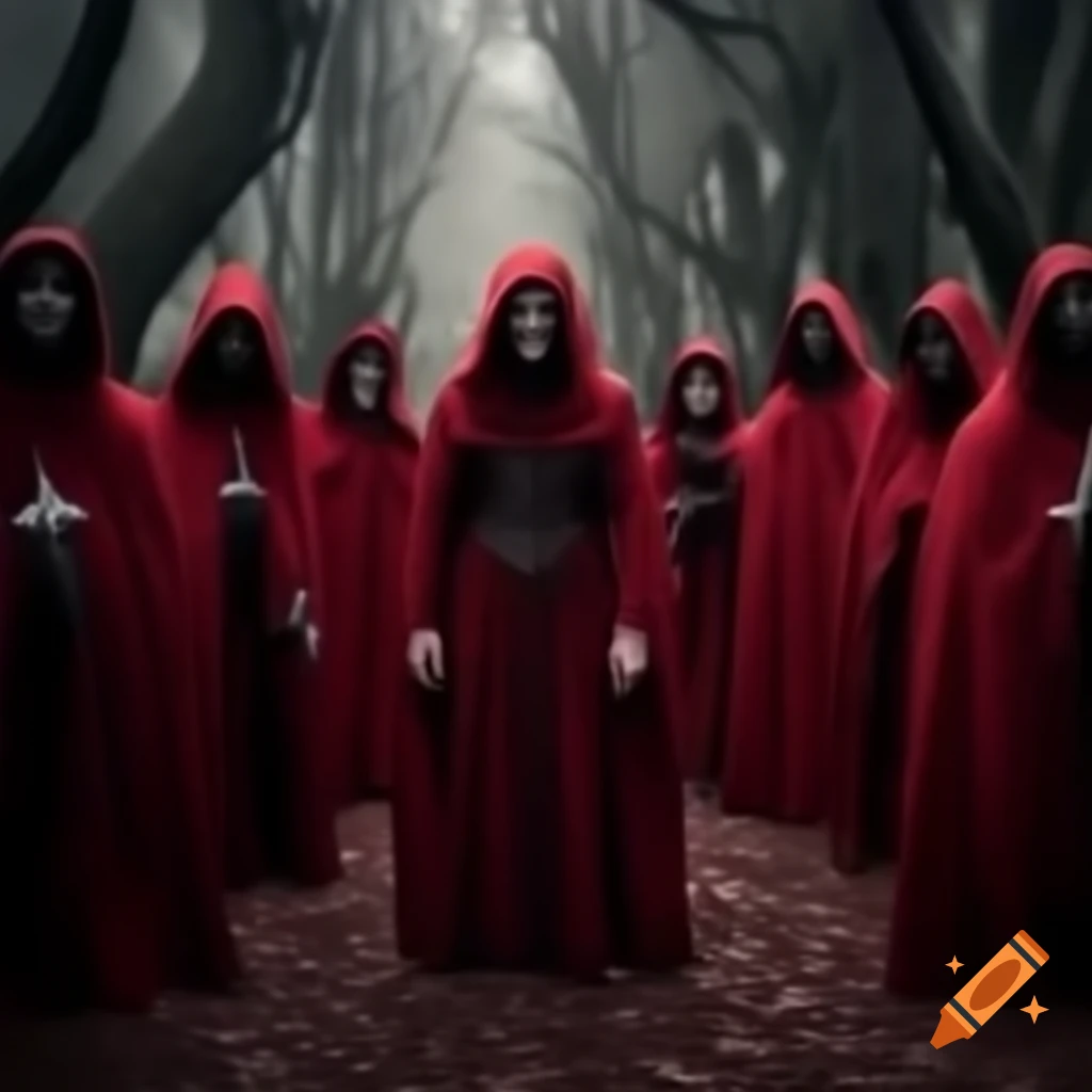Group of vampires in red cloaks in a dark forest on Craiyon