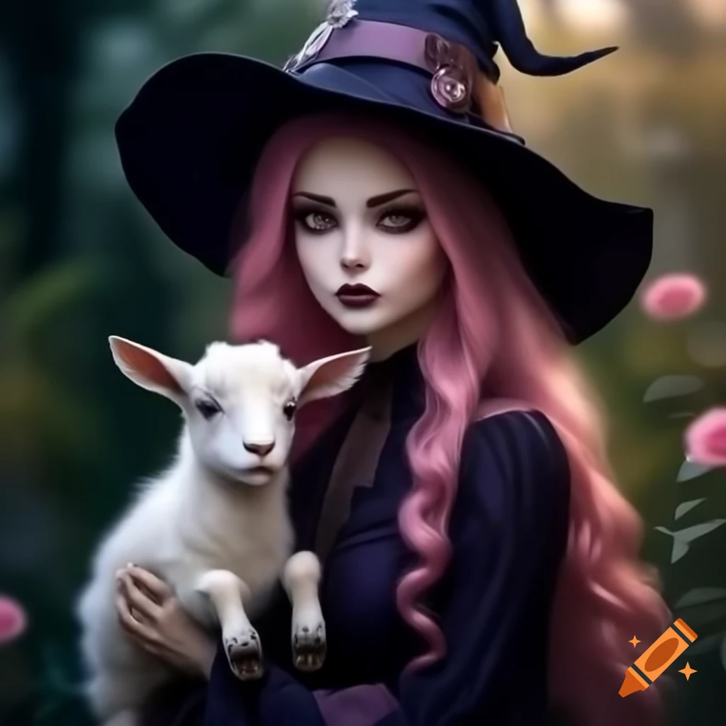 Gothic garden cottage with beautiful witch and adorable pink goat on ...