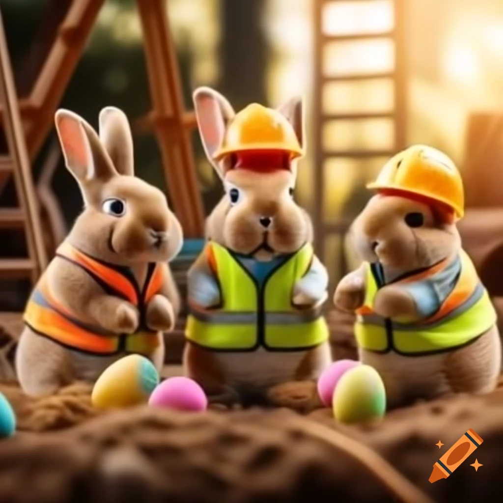 Woodland bunnies in safety vests and hard hats at construction site ...