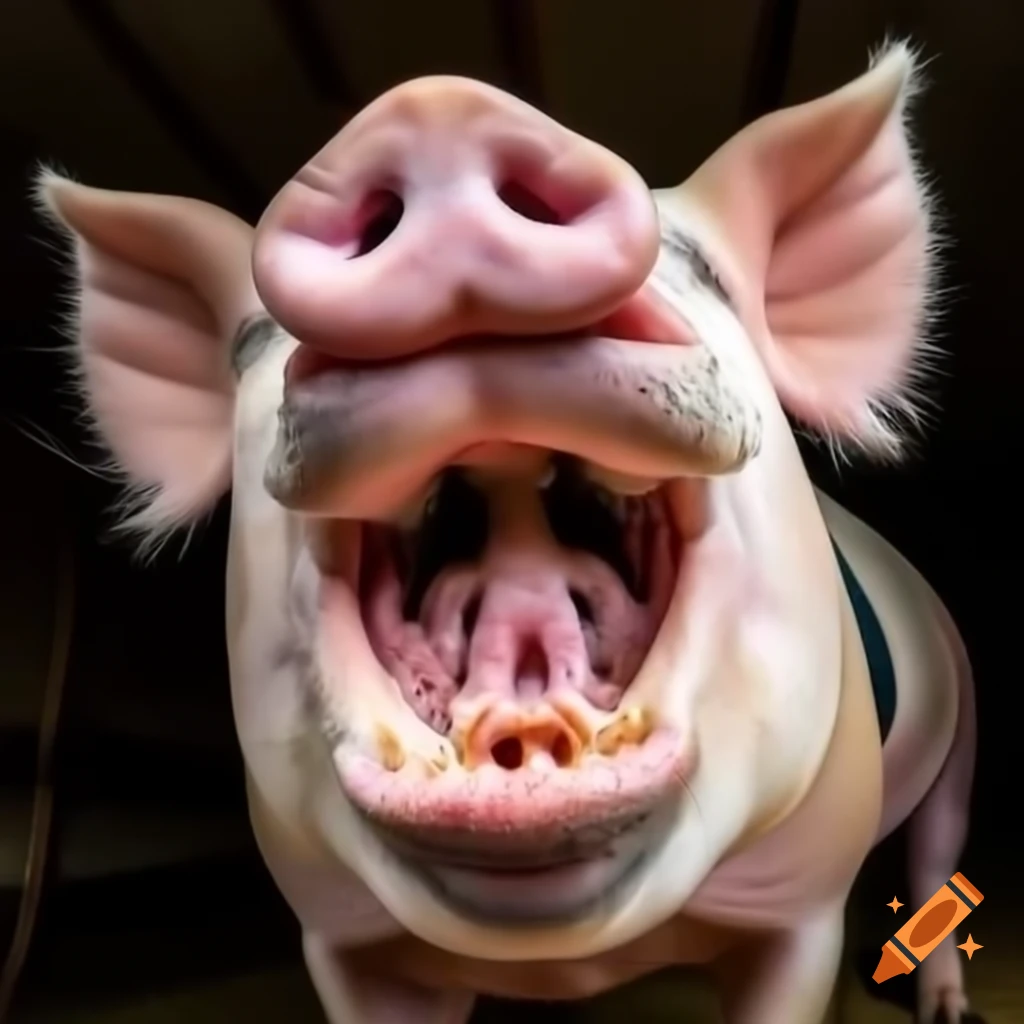 Pig with hyperrealistic human teeth smiling on Craiyon