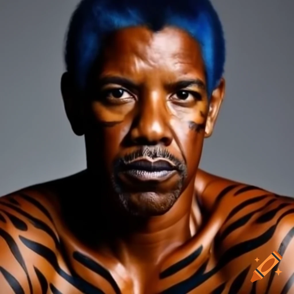 Muscular man with tiger-style makeup and blue hair on Craiyon