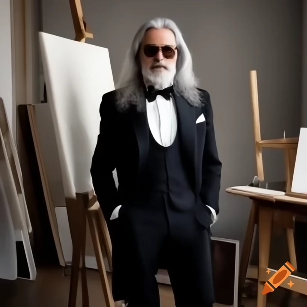 Artist in tuxedo painting female supermodel in studio on Craiyon