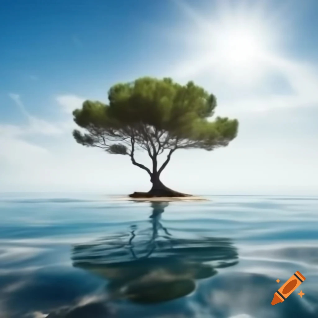 Misty island with white sand and floating pine tree under raincloud on ...