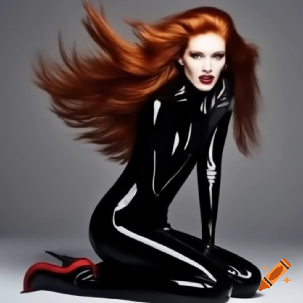 Red-haired supermodel in Yves Klein latex bodysuit with matching accessories, studio setting on ...