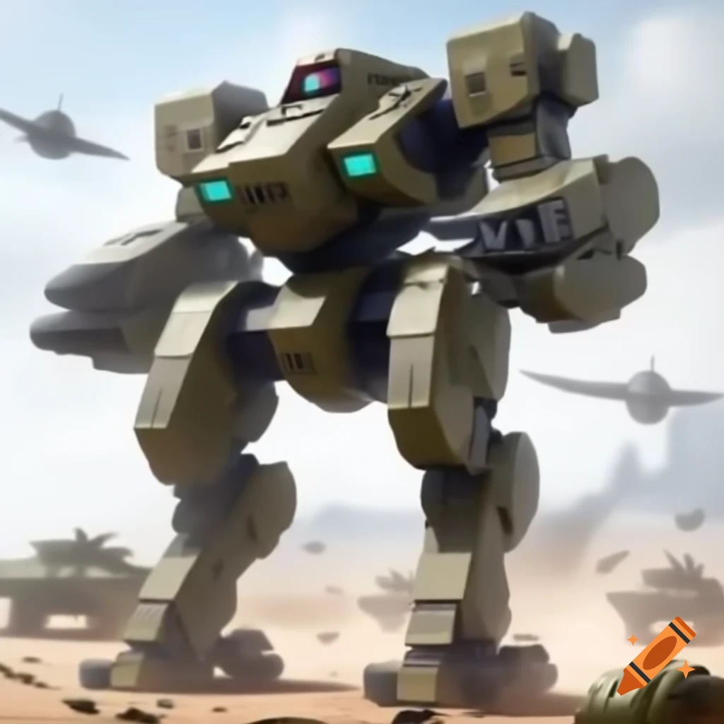 Heavily armored bipedal battle mech with angular military-inspired ...