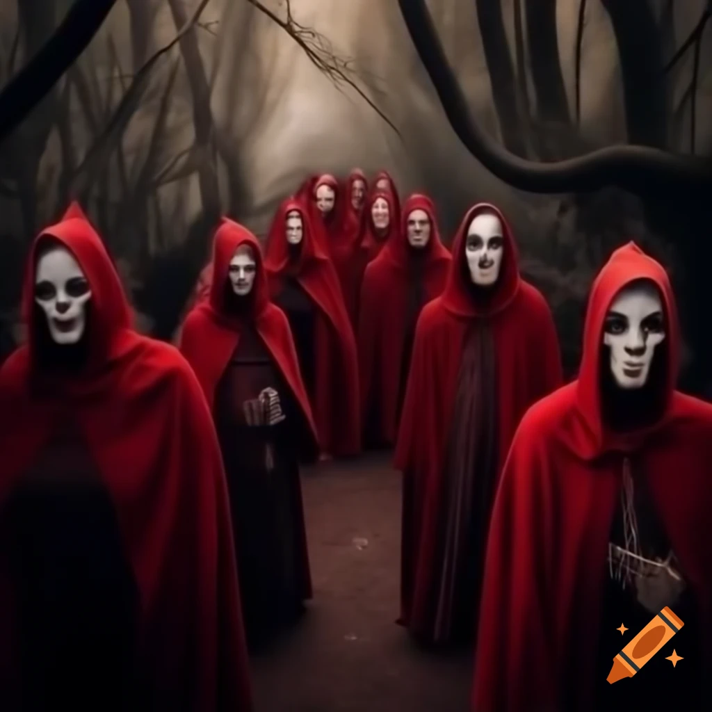 Group of vampires in red cloaks in a dark forest on Craiyon
