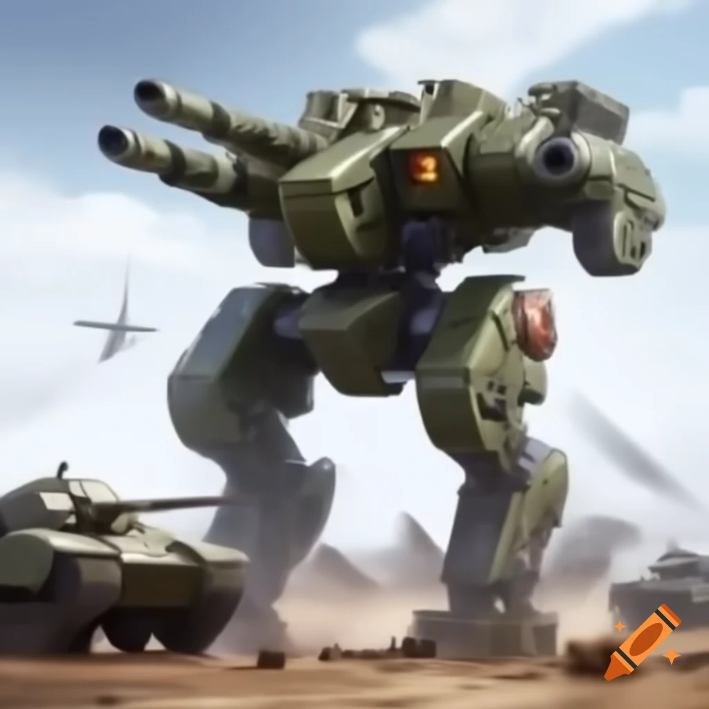 Bipedal armored battle mech with angular design and weapon pods on Craiyon