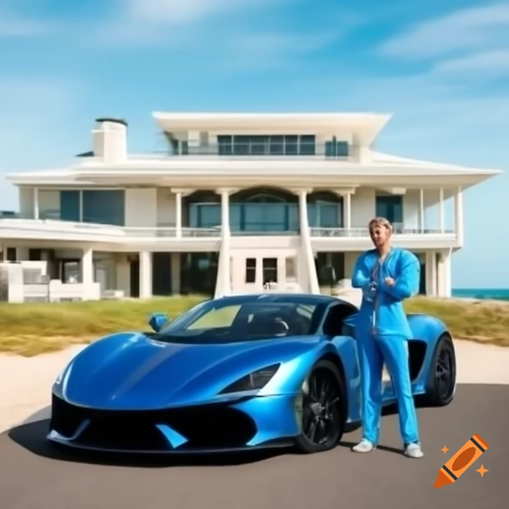 Greek god Poseidon in blue suit driving supercar by beachfront mansion ...
