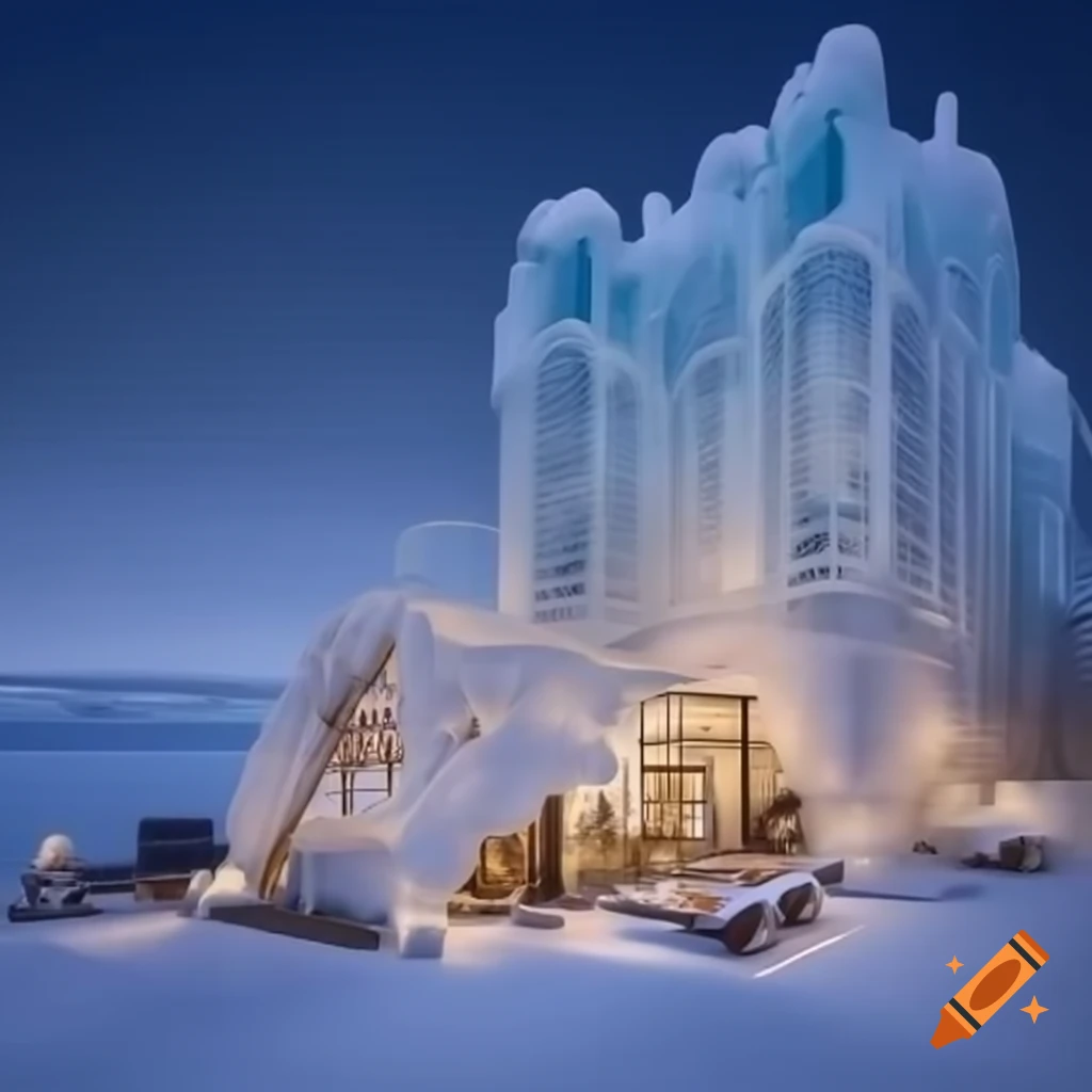 Luxury winter hotel made of snow and ice with intricate carvings on Craiyon
