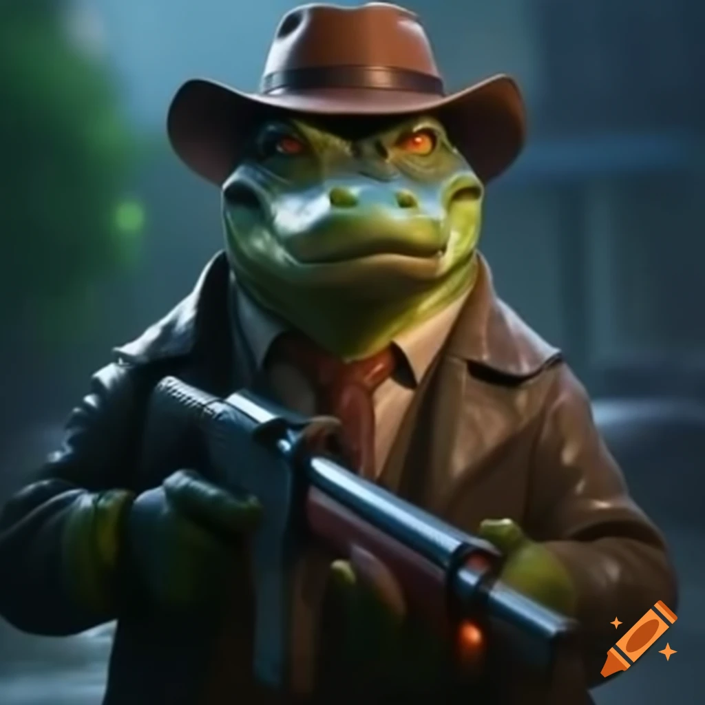 Dramatic alligator in spy outfit and brown hat holding a gun in the ...