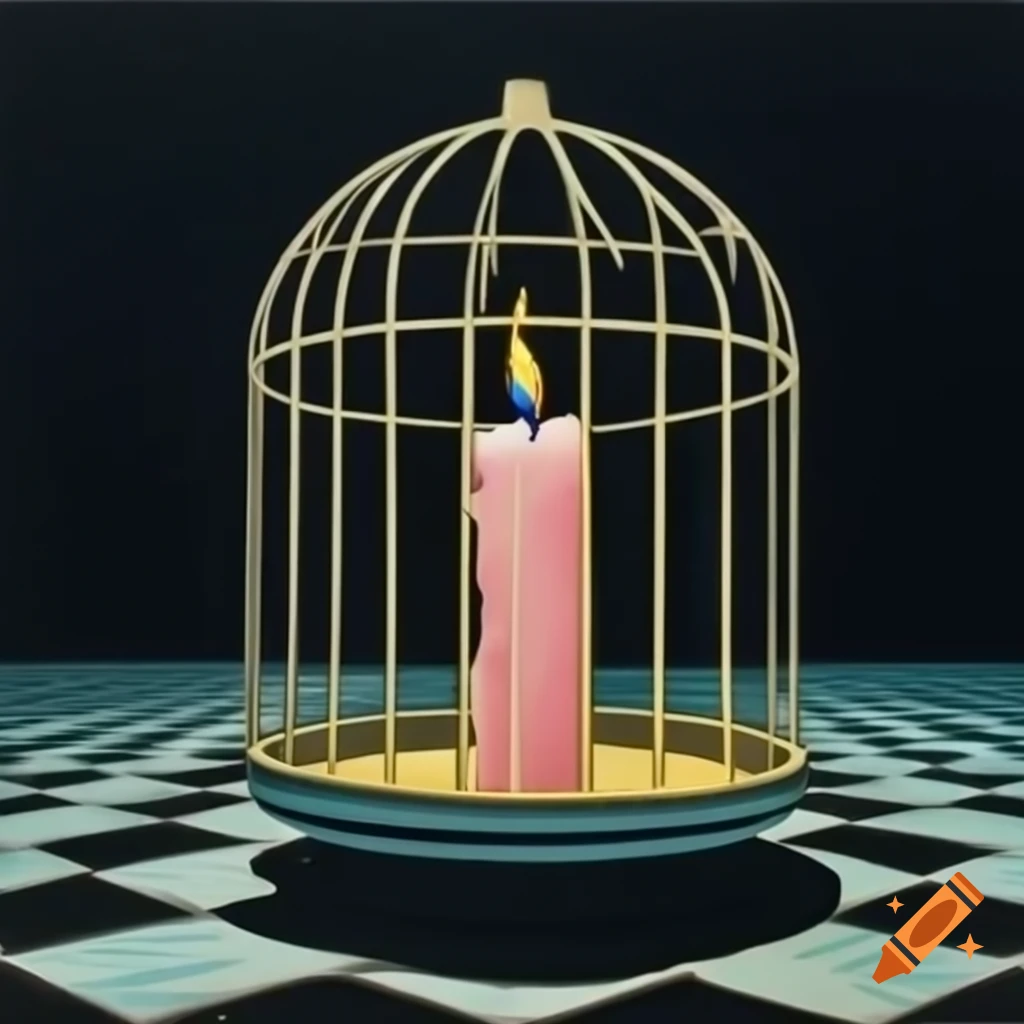 Surrealist painting of candle in cage on black and white tiled floor in ...