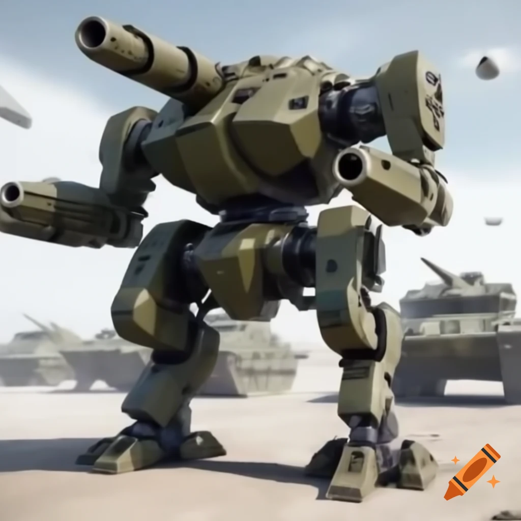 Heavily armored bipedal battle mech with angular details and weapon ...