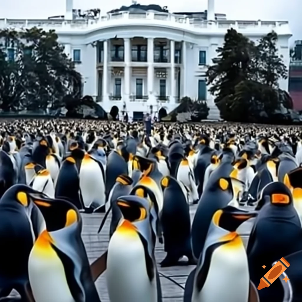 Flock of penguins protesting against tariffs in front of the White ...