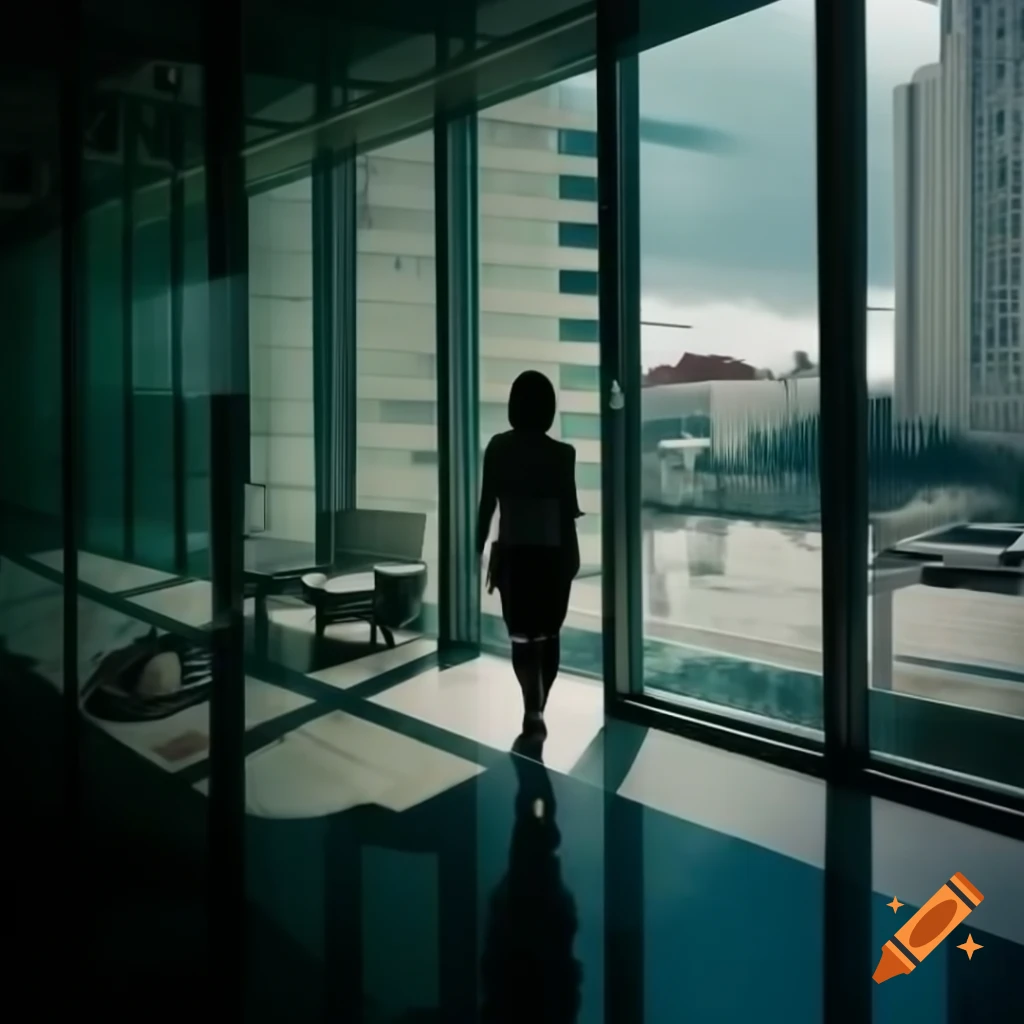 Woman in business attire looking out window of glass office building in ...