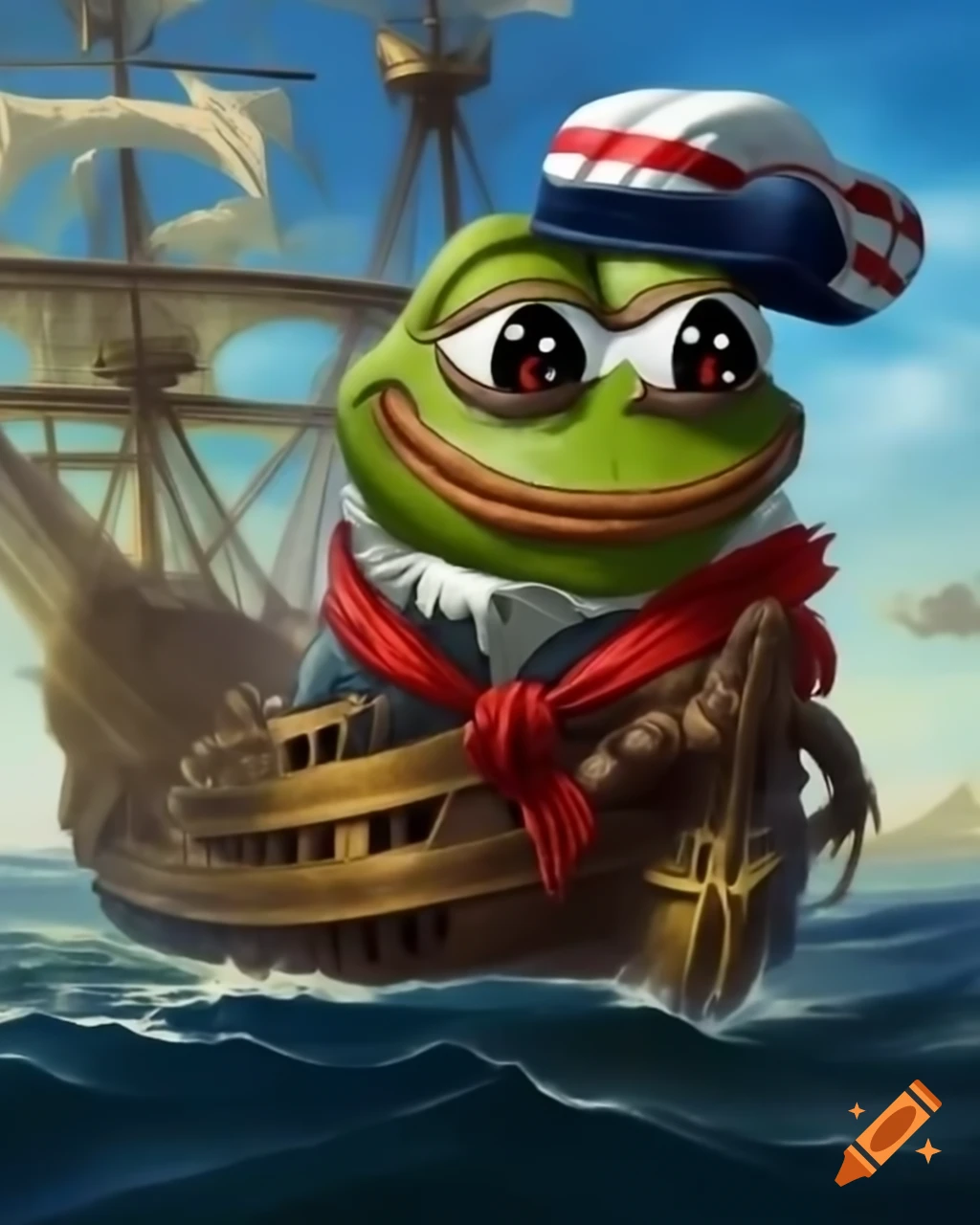 Pepe the frog in captain hat on tall ship with text "Please be patient ...
