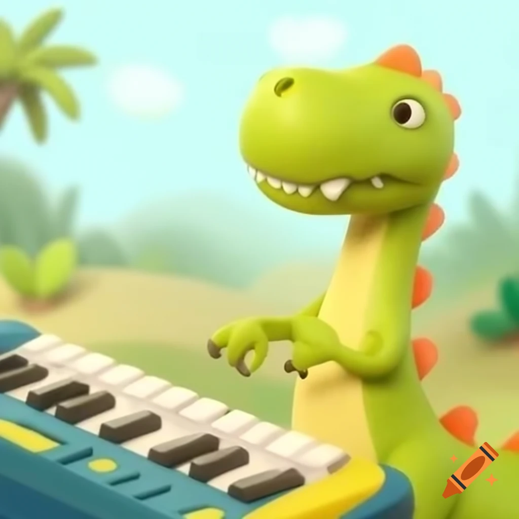 Cartoon dinosaur playing keyboards in a band, child-friendly design on ...