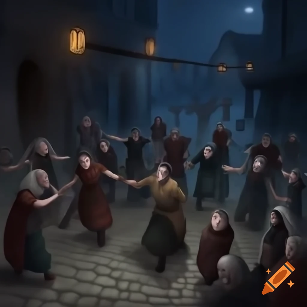 Medieval villagers dancing in town square at night, expressions of fear ...