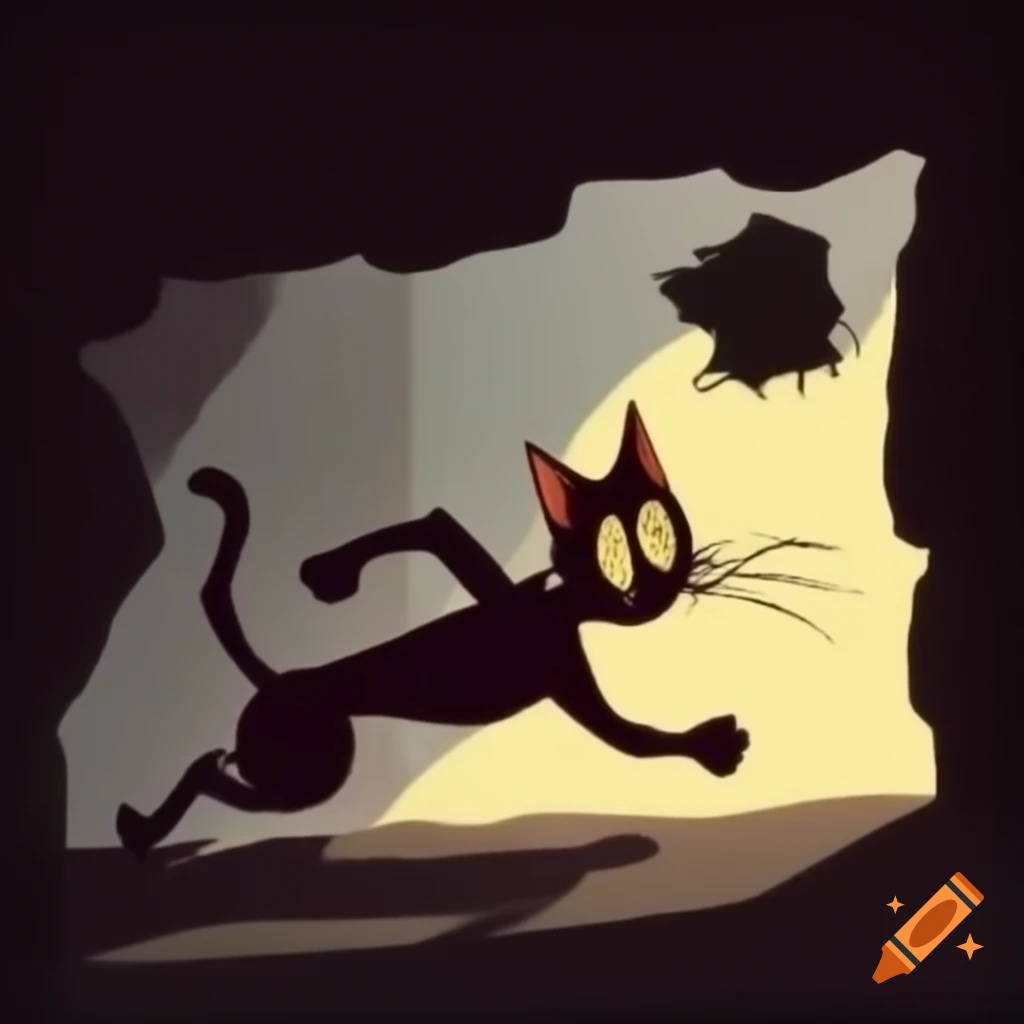 Cartoon cat running scared from dog, crashing through wall on Craiyon