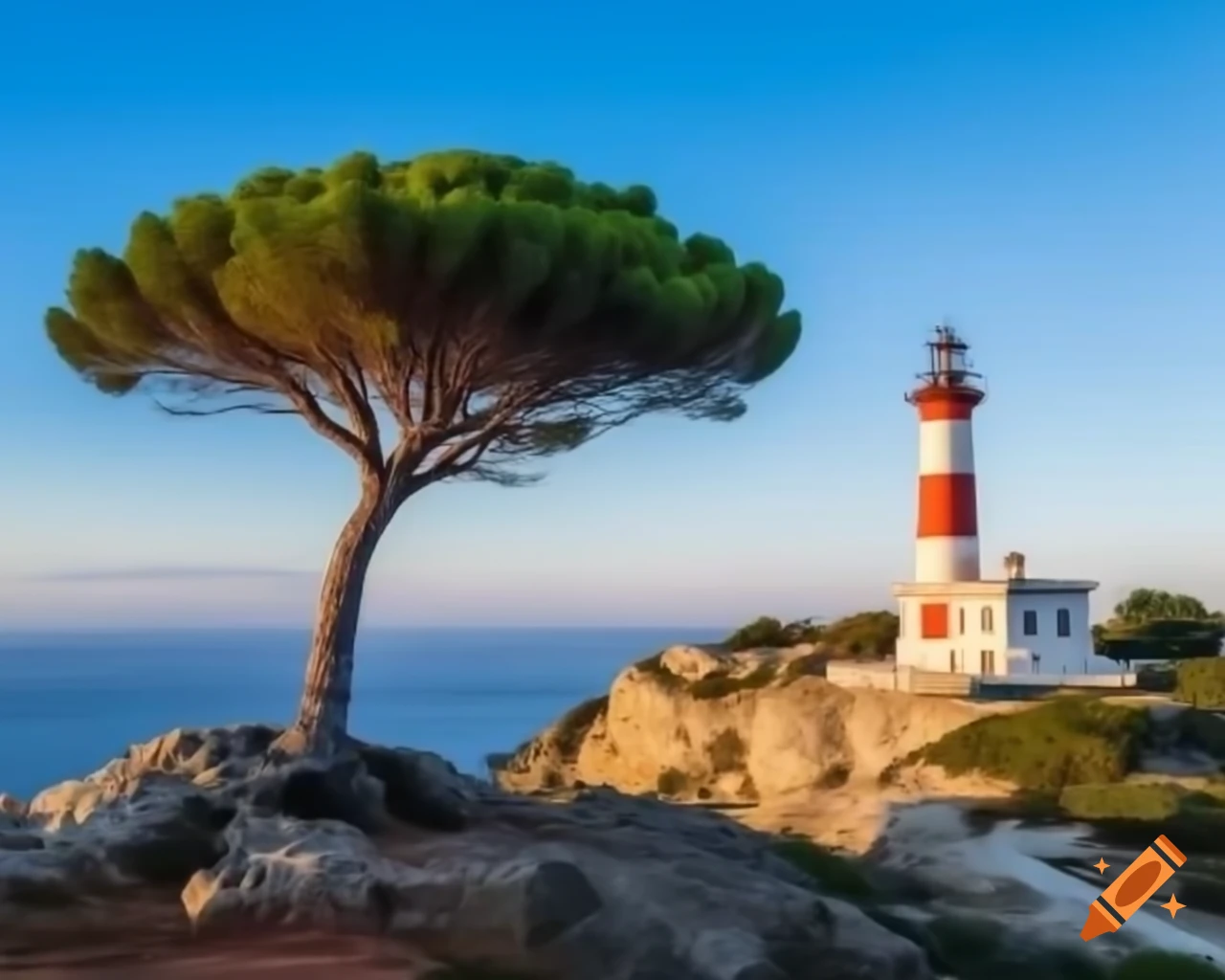Lighthouse near cliff with windbeaten pine tree in Mediterranean ...