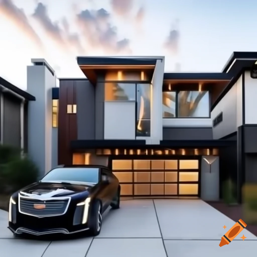 Semi-modern house with three-car garage featuring Cadillac Blackwing ...