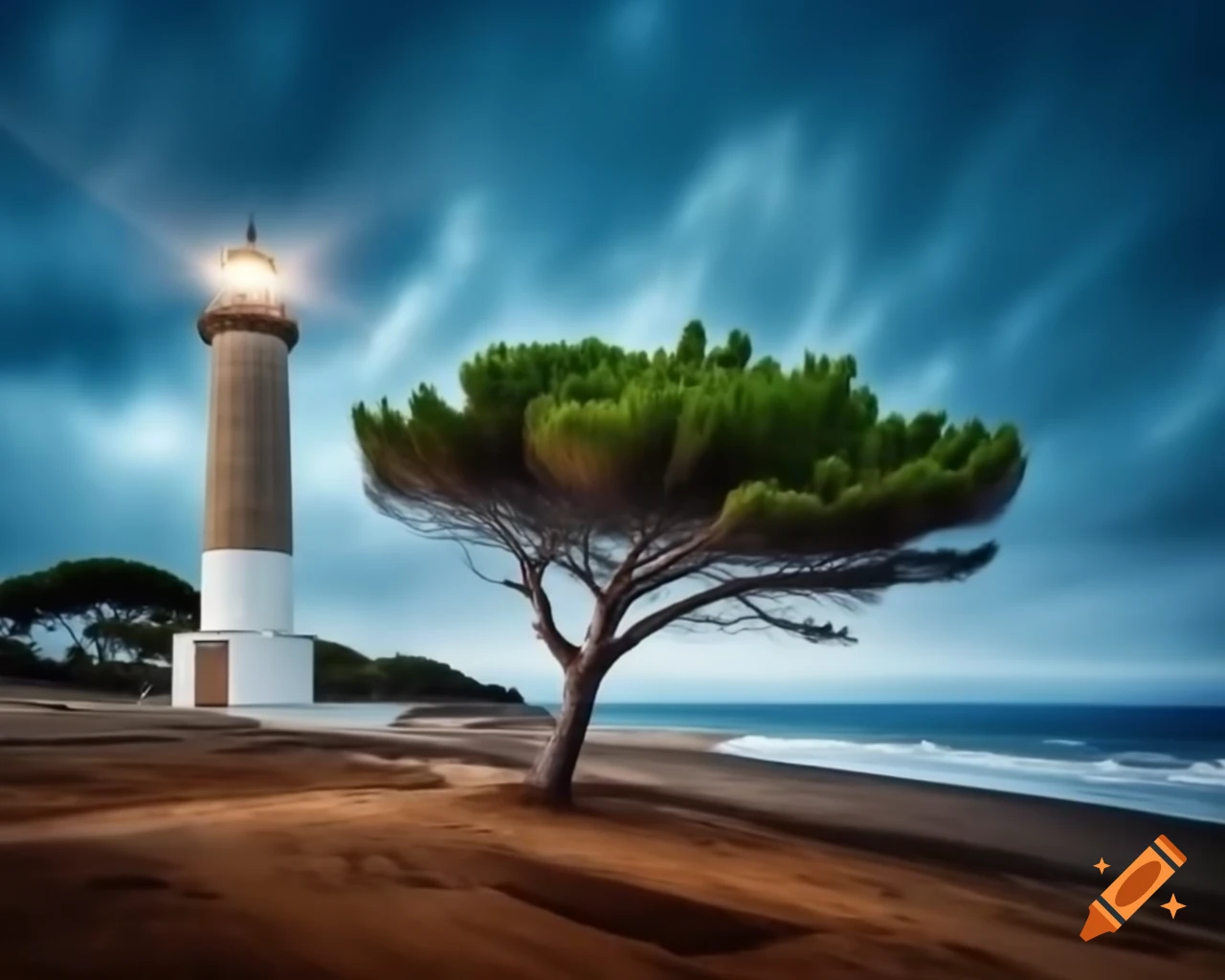 Lighthouse shining laser beam over sea with Mediterranean pine tree and ...