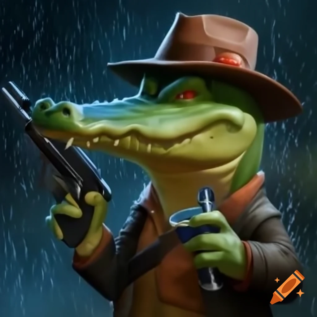 Dramatic alligator in spy outfit and brown hat holding a gun in the ...