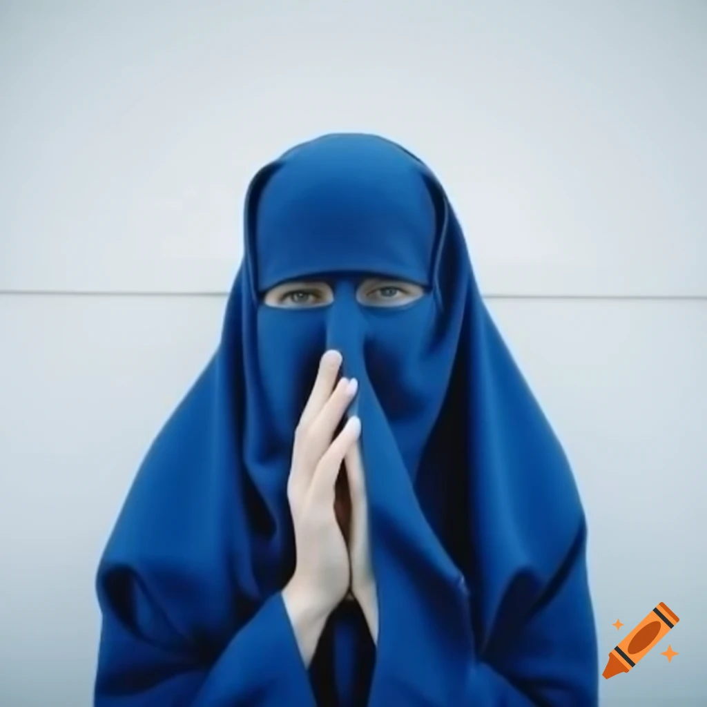 Beautiful Russian woman in blue burka against white wall on Craiyon