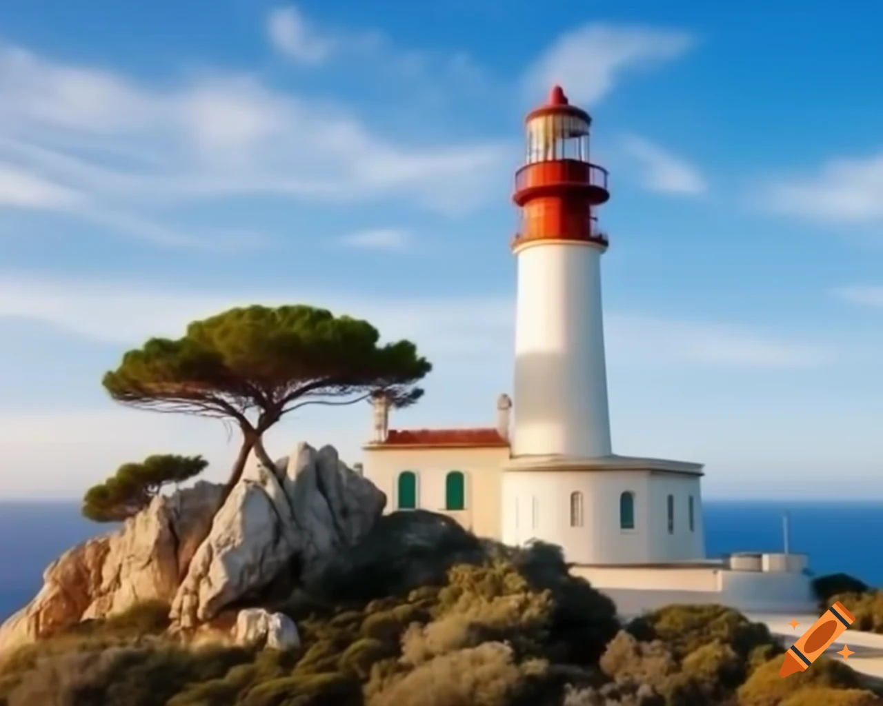 Lighthouse near cliff with windbeaten pine tree in Mediterranean ...
