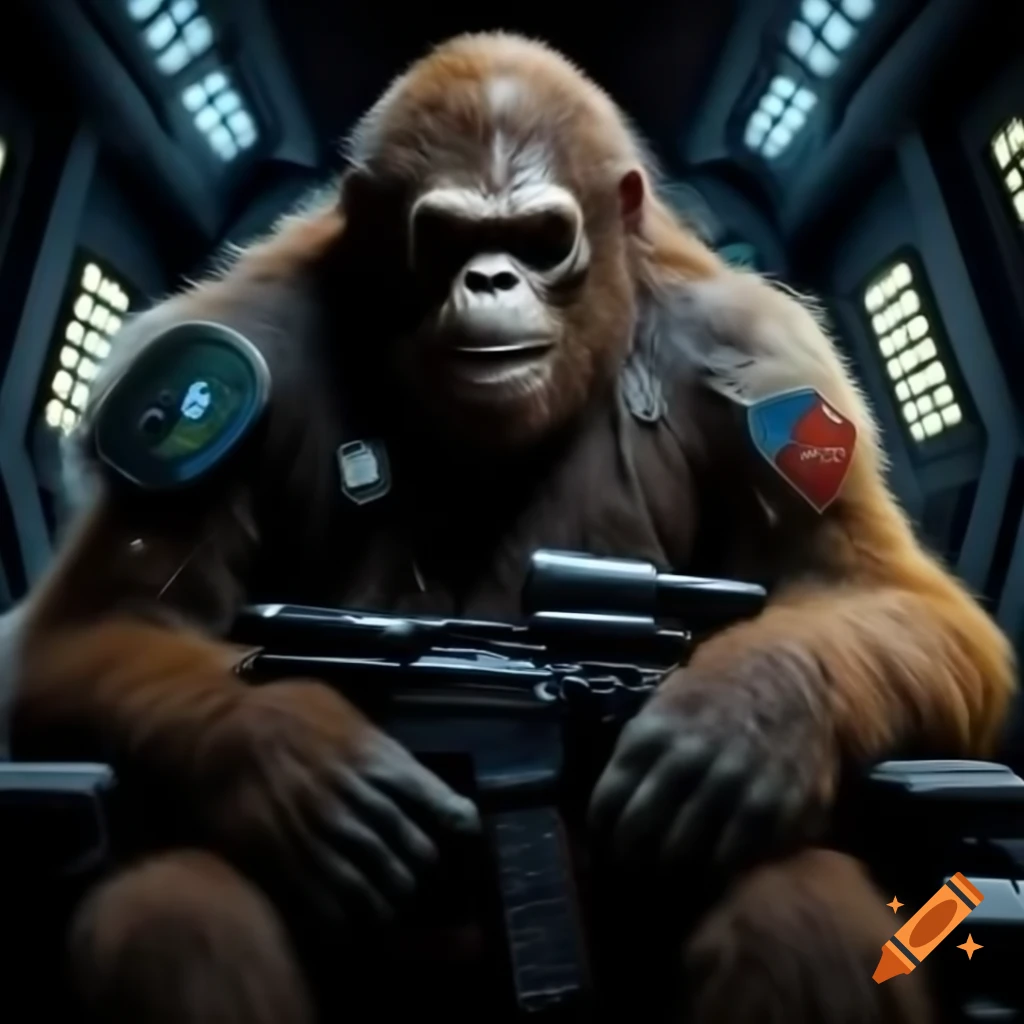 Alien bigfoot in battle armor on starship witnessing space port ...