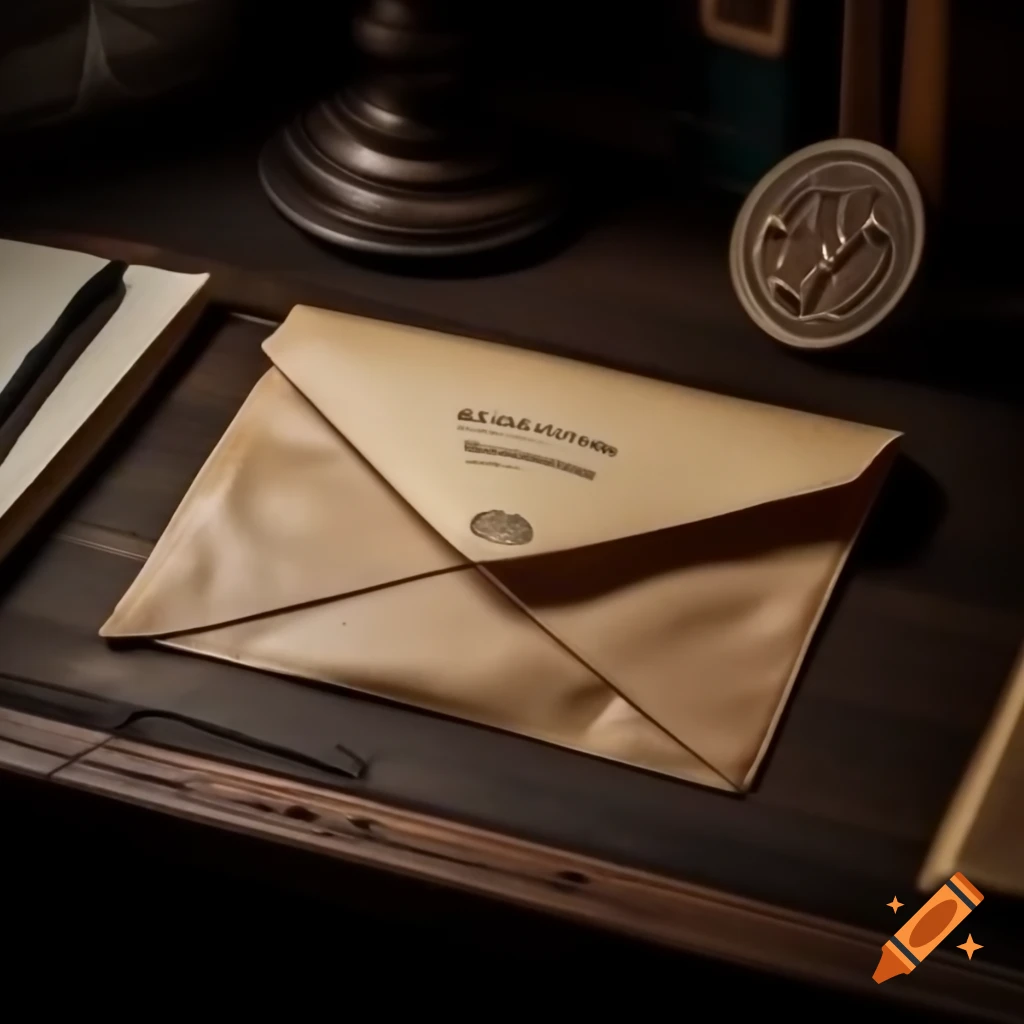 Vintage sealed envelope with wax seal on wooden desk under moody lighting on Craiyon