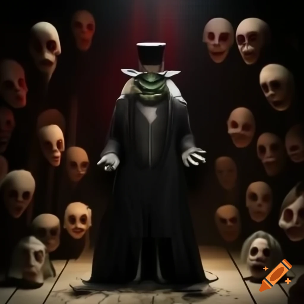 Sinister puppeteer with eerie expression and large puppets on Craiyon