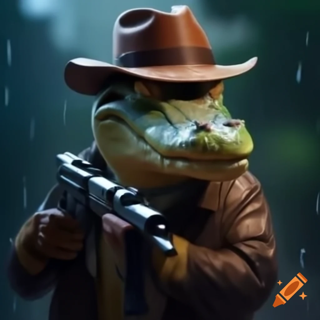 Dramatic alligator in spy outfit and brown hat holding a gun in the ...