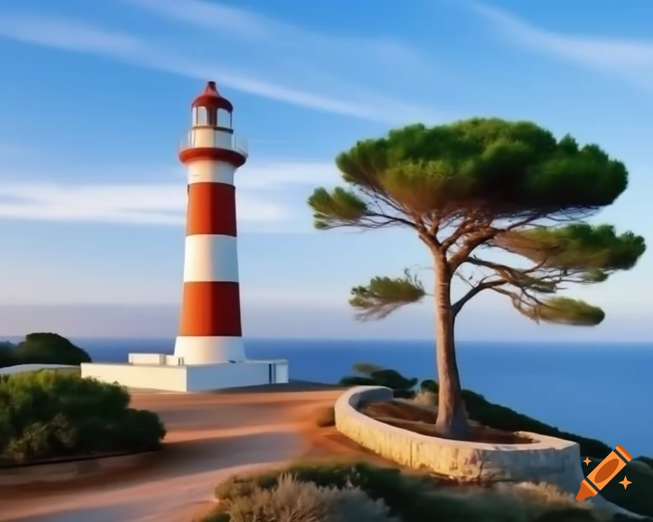Lighthouse near cliff with windbeaten pine tree in Mediterranean ...
