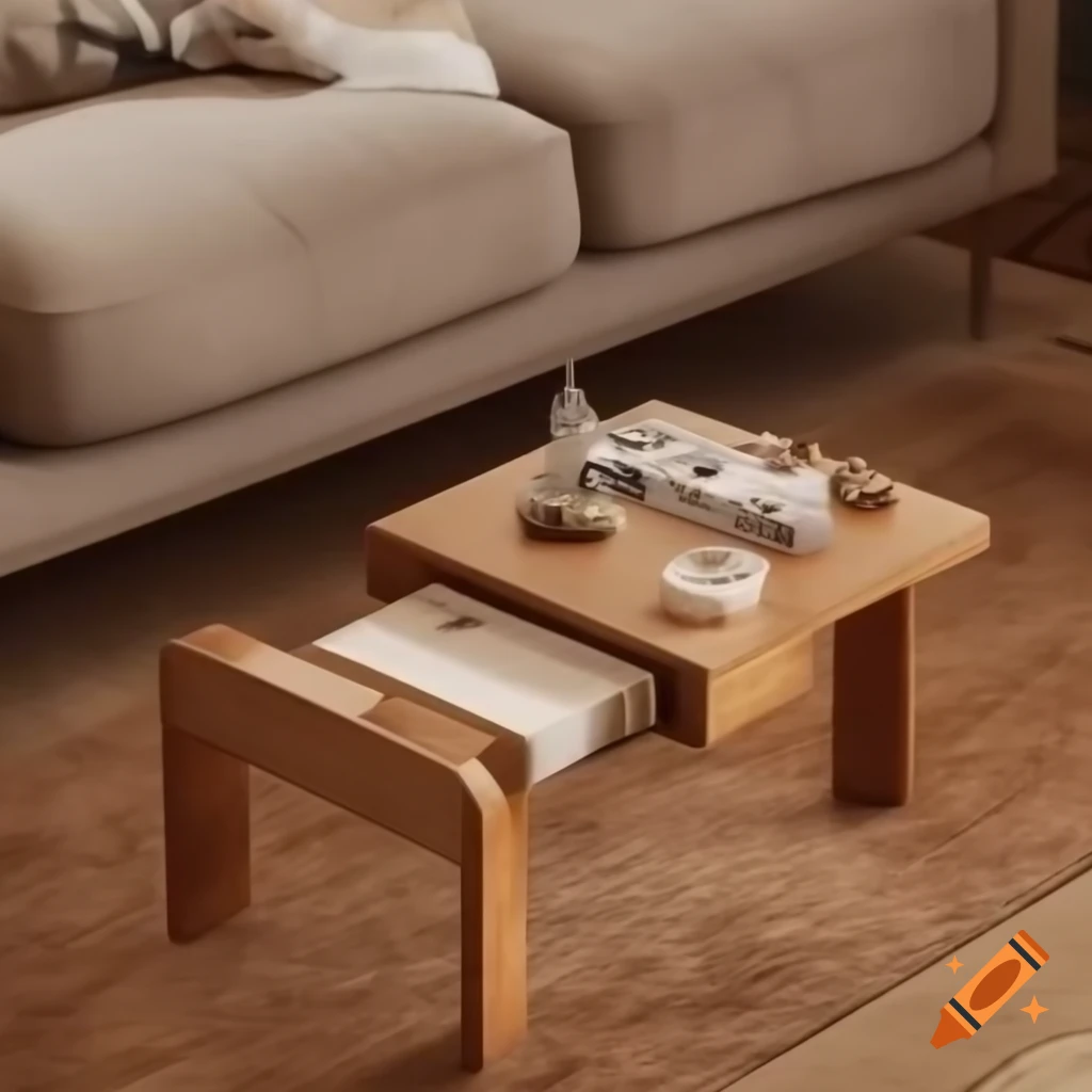 Wooden table design in front of a sofa for retail on Craiyon