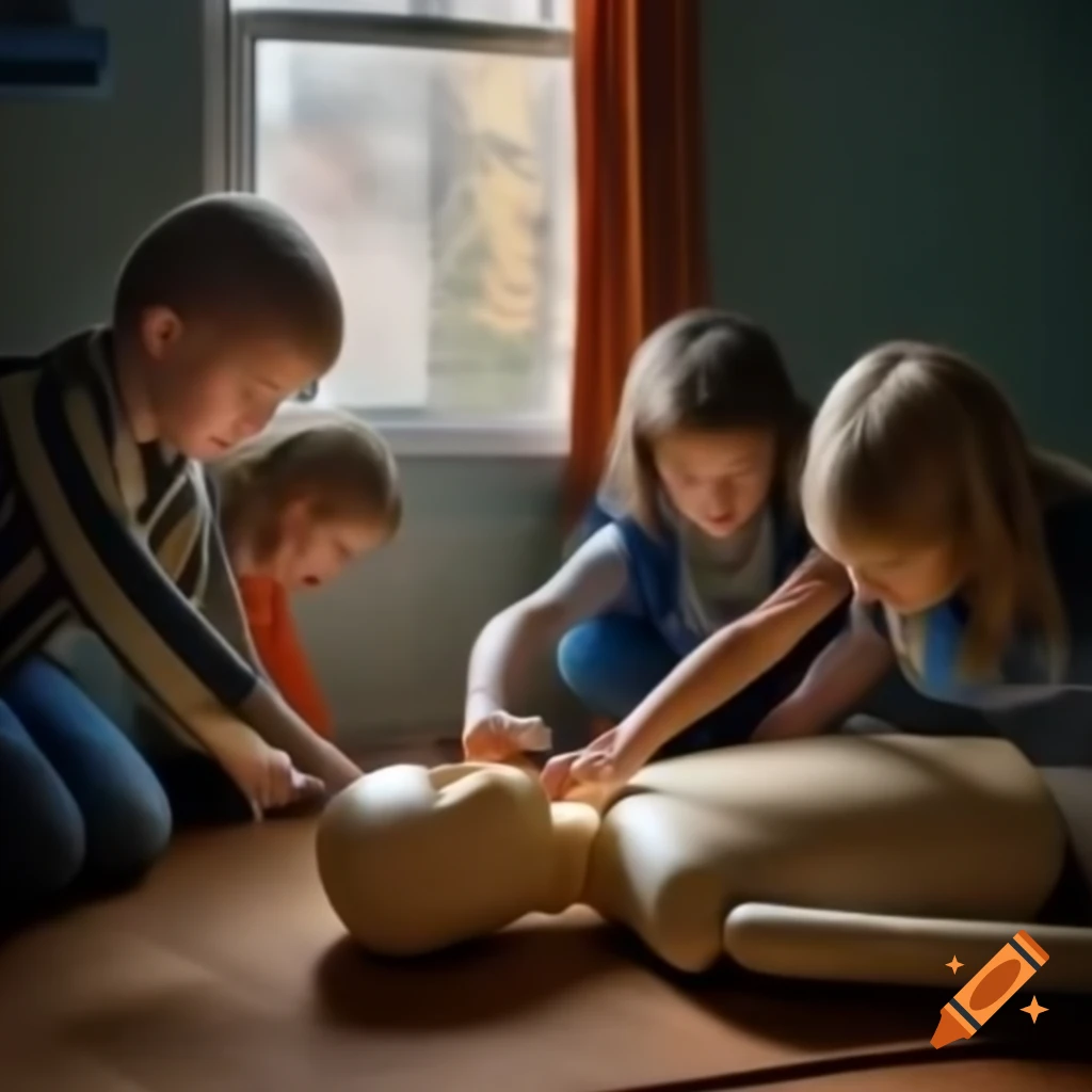 Children practicing CPR on a glowing dummy on Craiyon