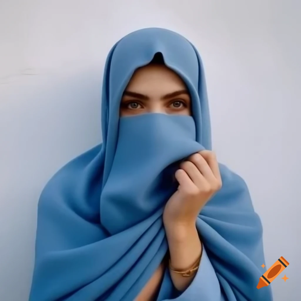 Beautiful Russian woman in blue burka against white wall on Craiyon