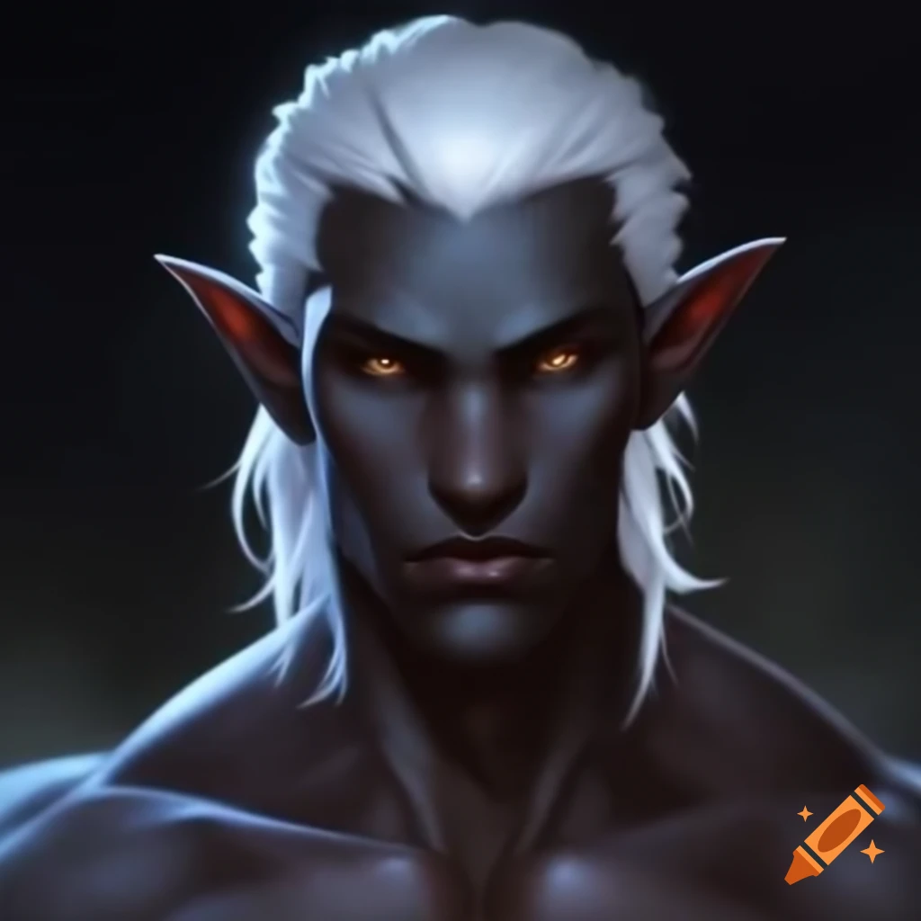 Muscular male drow elf warrior with white hair and feline eyes on Craiyon