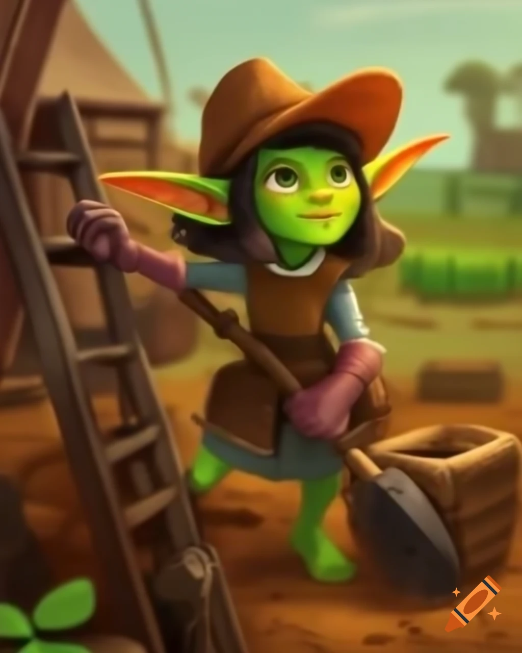 Green-skinned goblin girl farmer tending to crops on a farm on Craiyon