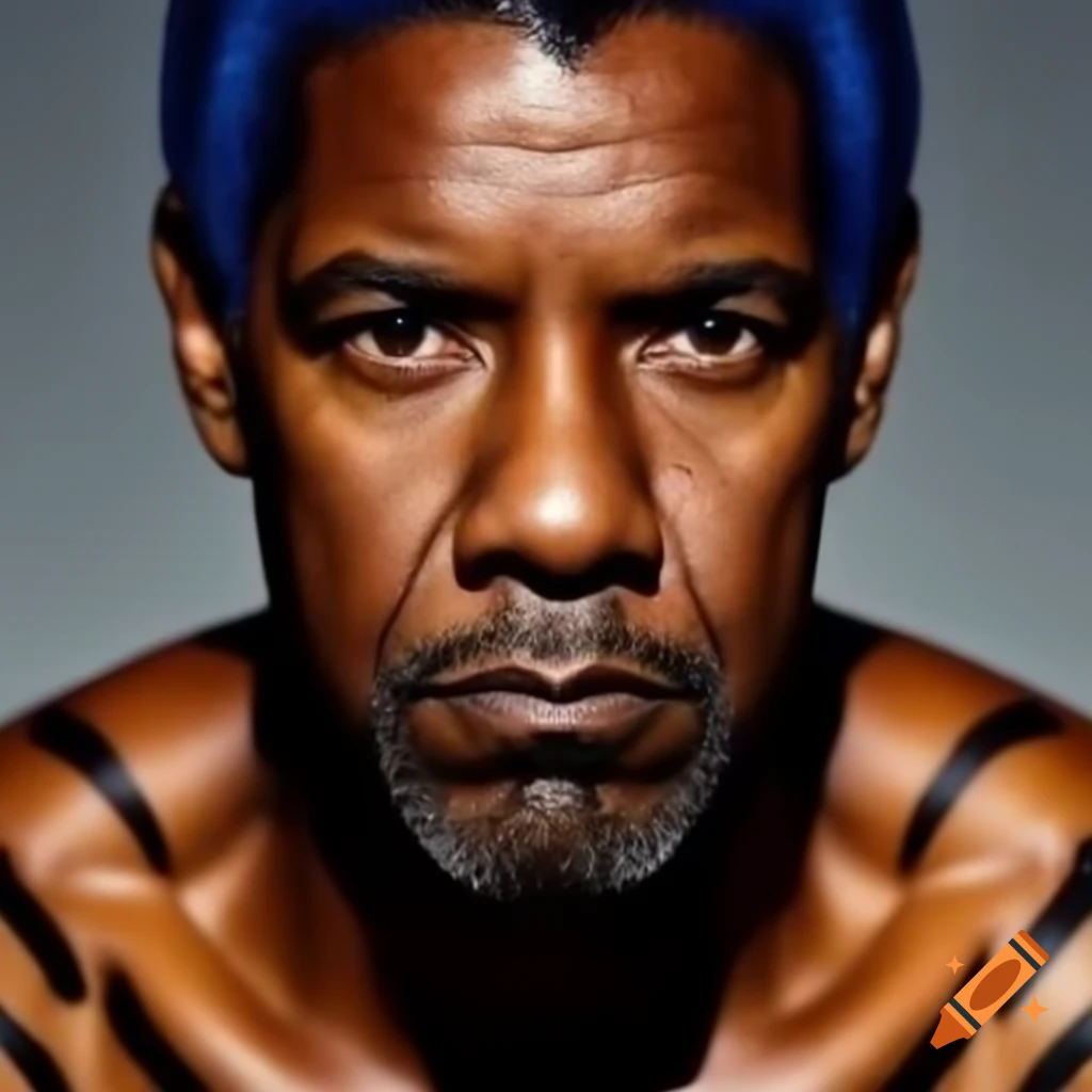 Muscular figure resembling Denzel Washington with tiger-style makeup ...